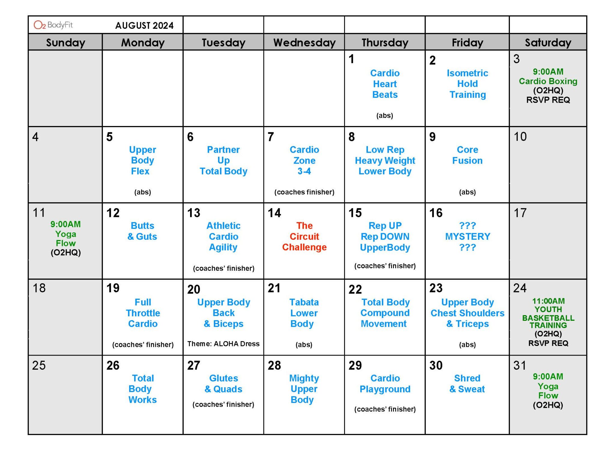 Monthly Boot Camp Calendar – O2 BodyFit